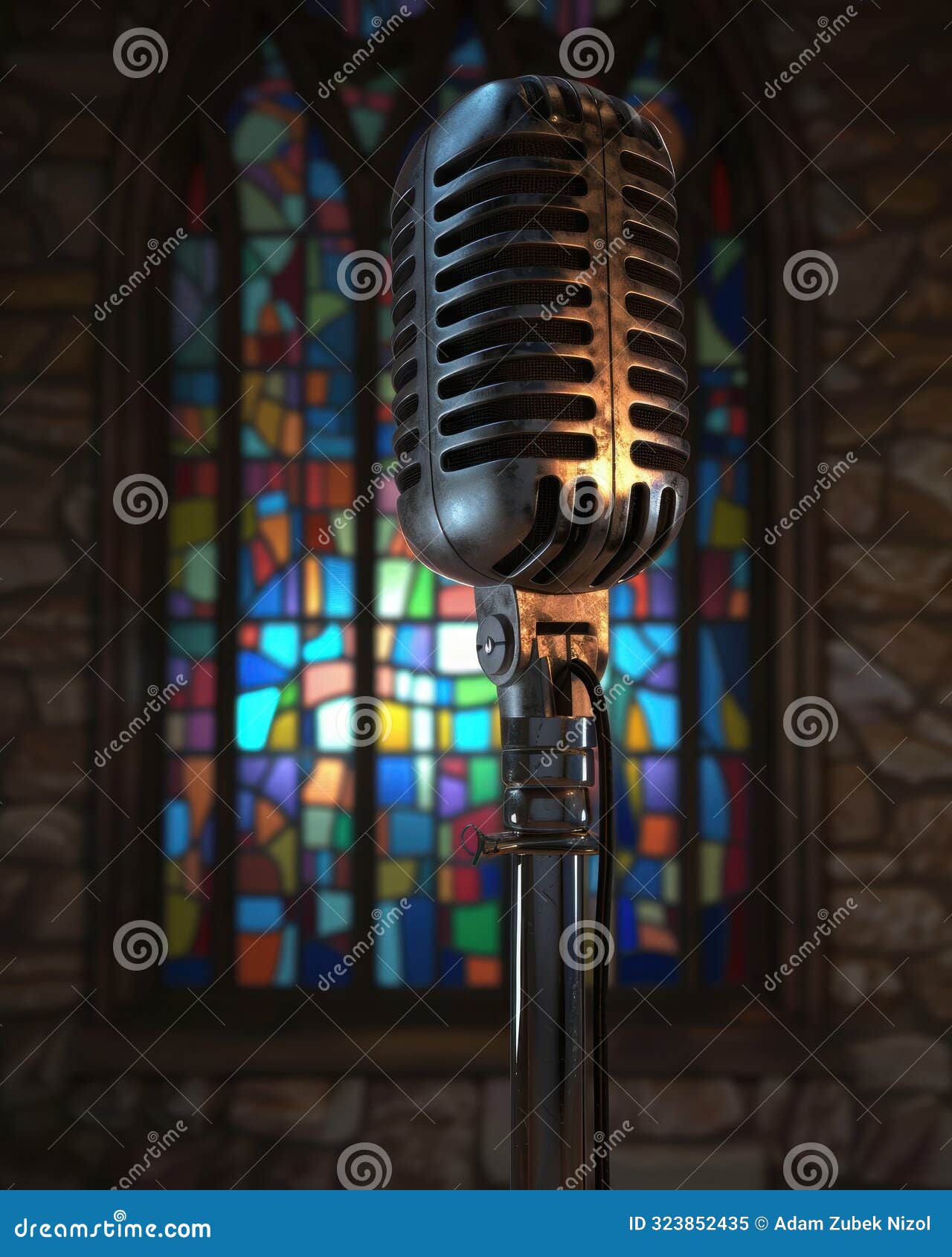 Vintage Microphone in Front of Stained Glass Window Stock Illustration ...