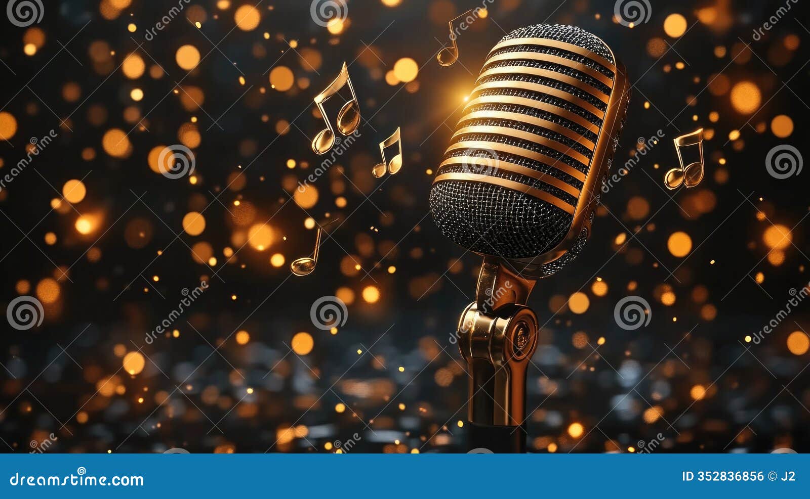 Vintage Microphone with Glowing Musical Notes and Bokeh Lights Stock ...
