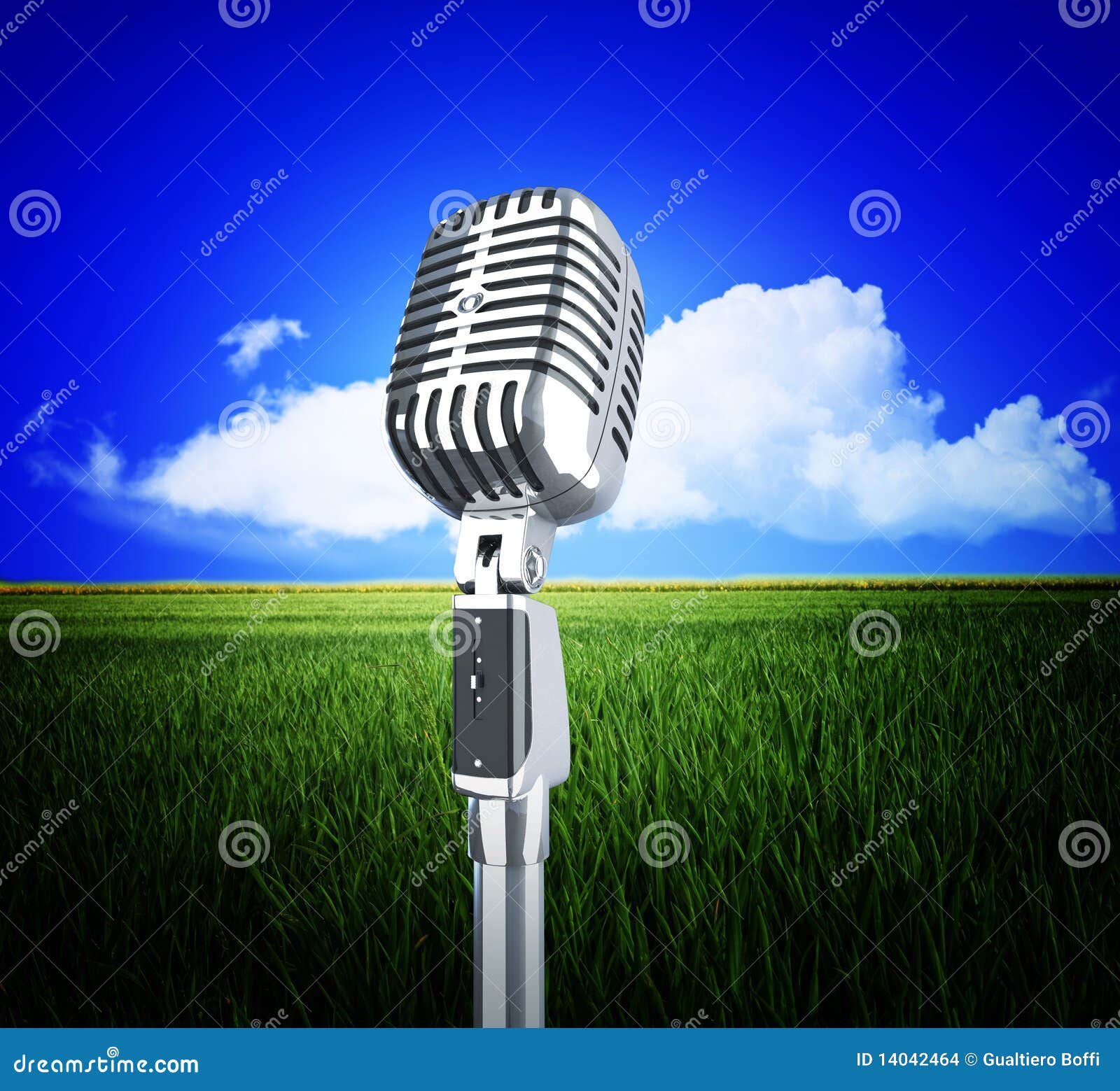 Vintage Microphone and Nature Stock Photo - Image of farmland, meadow ...
