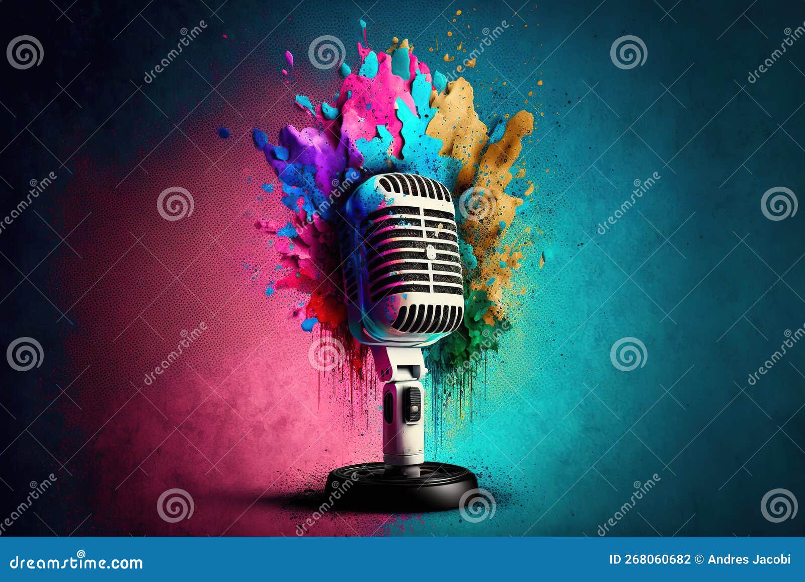 Vintage Microphone Over Abstract Splash Explosion of Paint Background ...