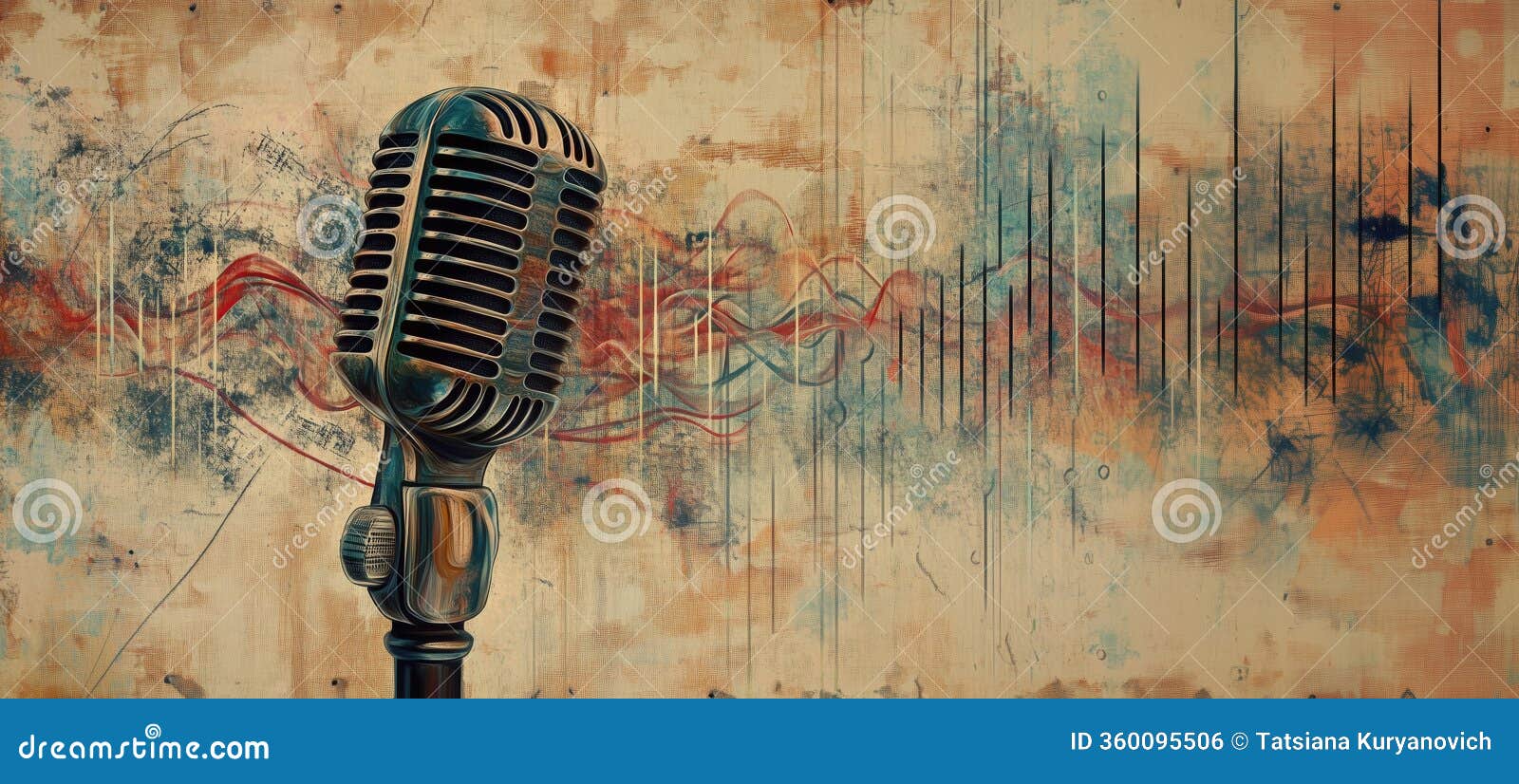 Vintage Microphone with Sound Waves and Artistic Background Design ...