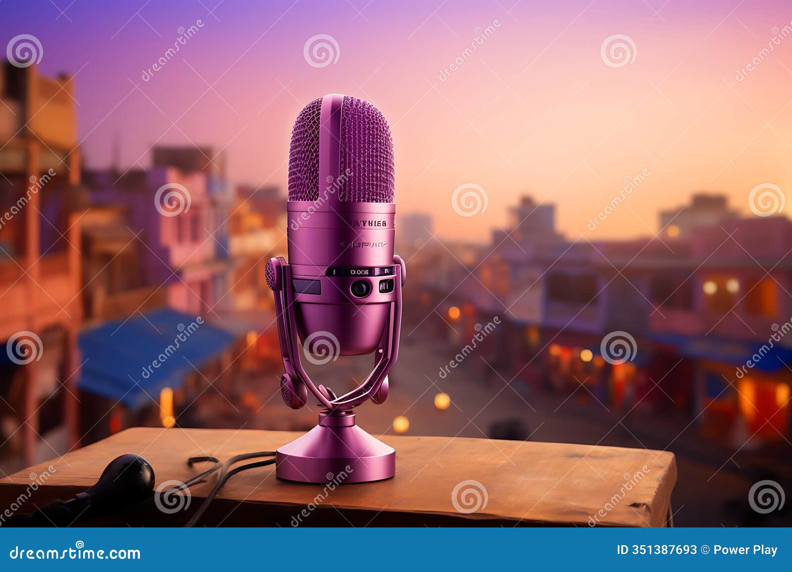 Vintage Microphone on a Table in Front of a Cityscape at Sunset Stock ...