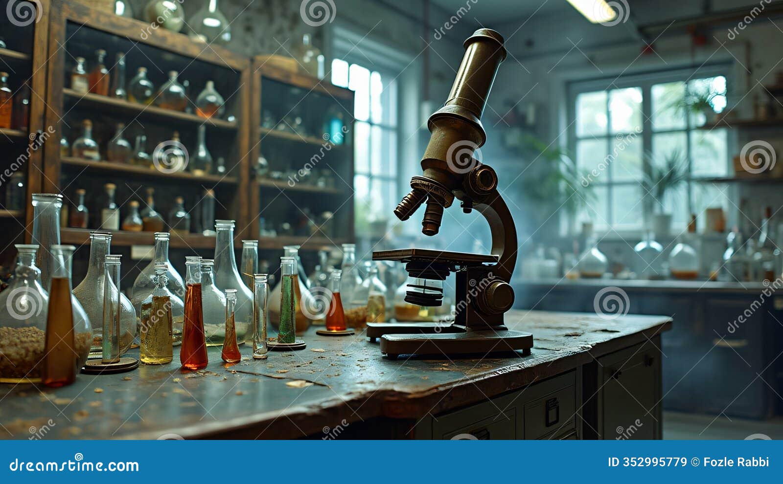 Vintage Microscope in Old Laboratory with Glassware Good Resolution ...