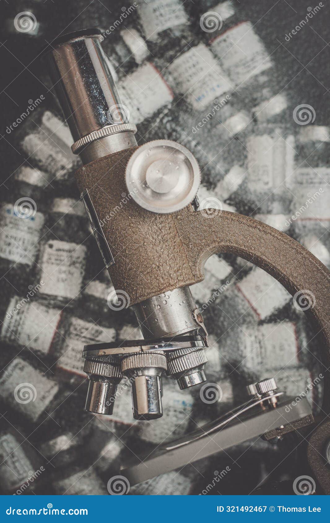 Vintage Microscope Stands with a Collection of Small Medicine Viles in ...