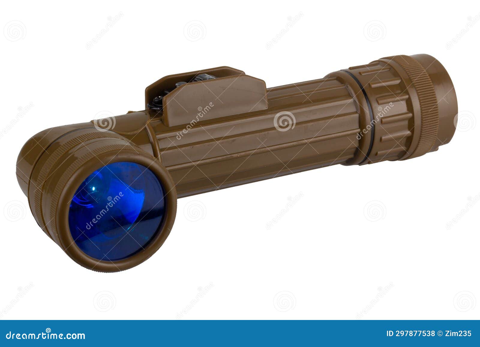Vintage Military Style Flashlight with Blue Light Isolated on White ...