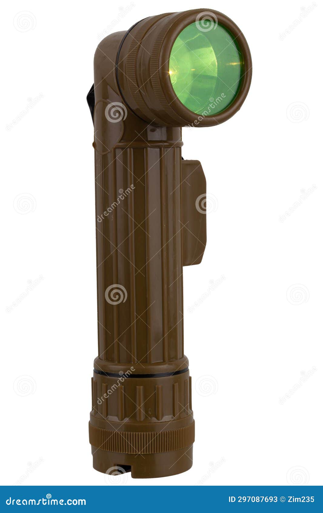 Vintage Military Style Flashlight with Green Light Isolated on White ...