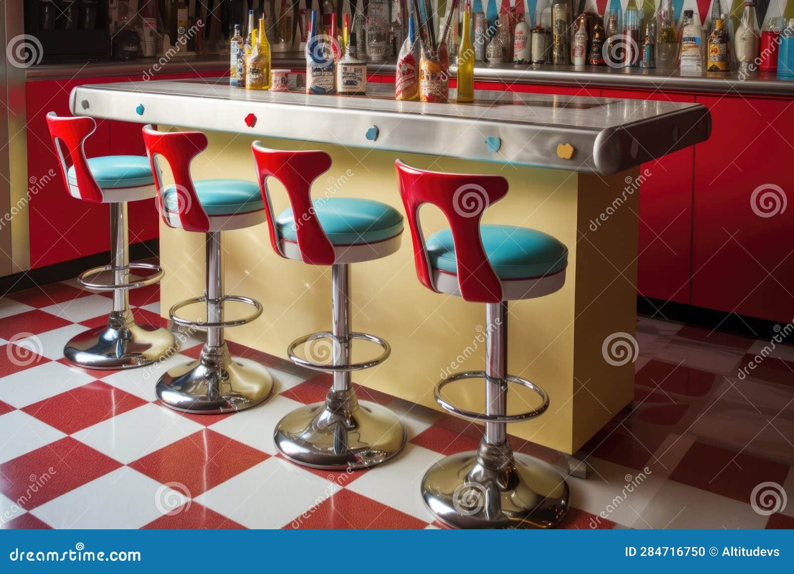 Vintage Milkshake Bar Counter with Retro Stools Stock Illustration ...