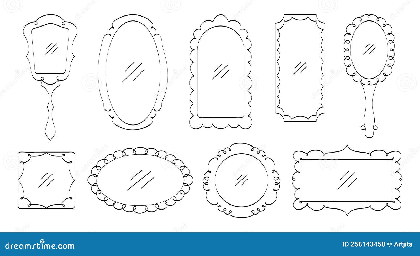 Vintage Mirrors Vector Set in Doodle Stylr. Vintage Image Frame Stock ...