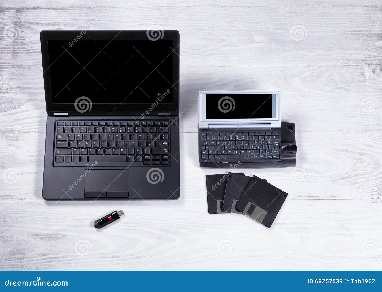 Vintage and Modern Computer with Data Storage Devices on White D Stock ...