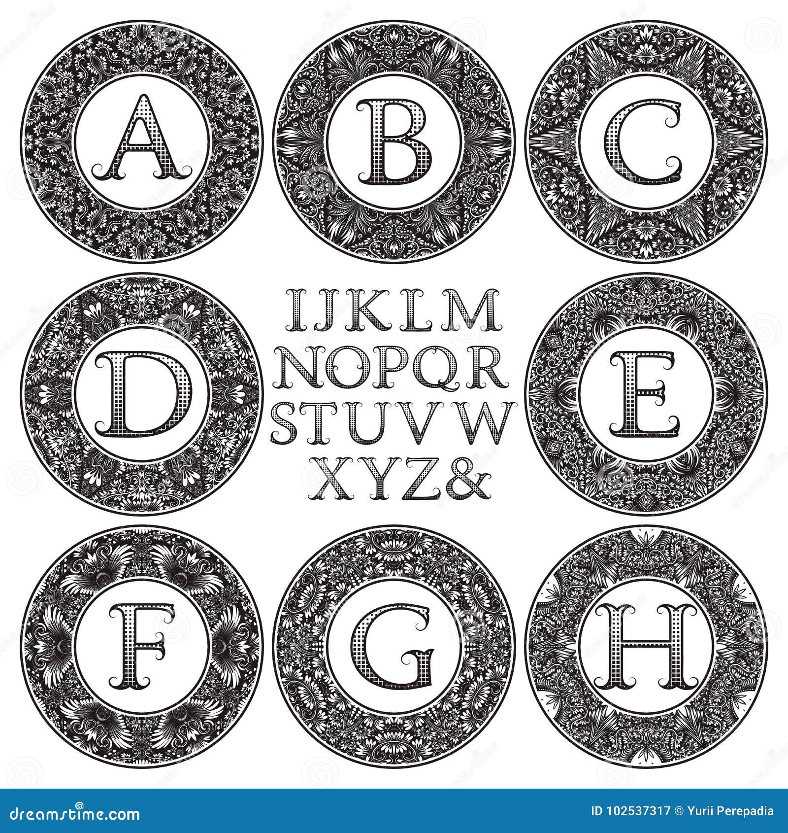 Vintage Monogram Kit. Black Patterned Letters and Floral Round Frames ...