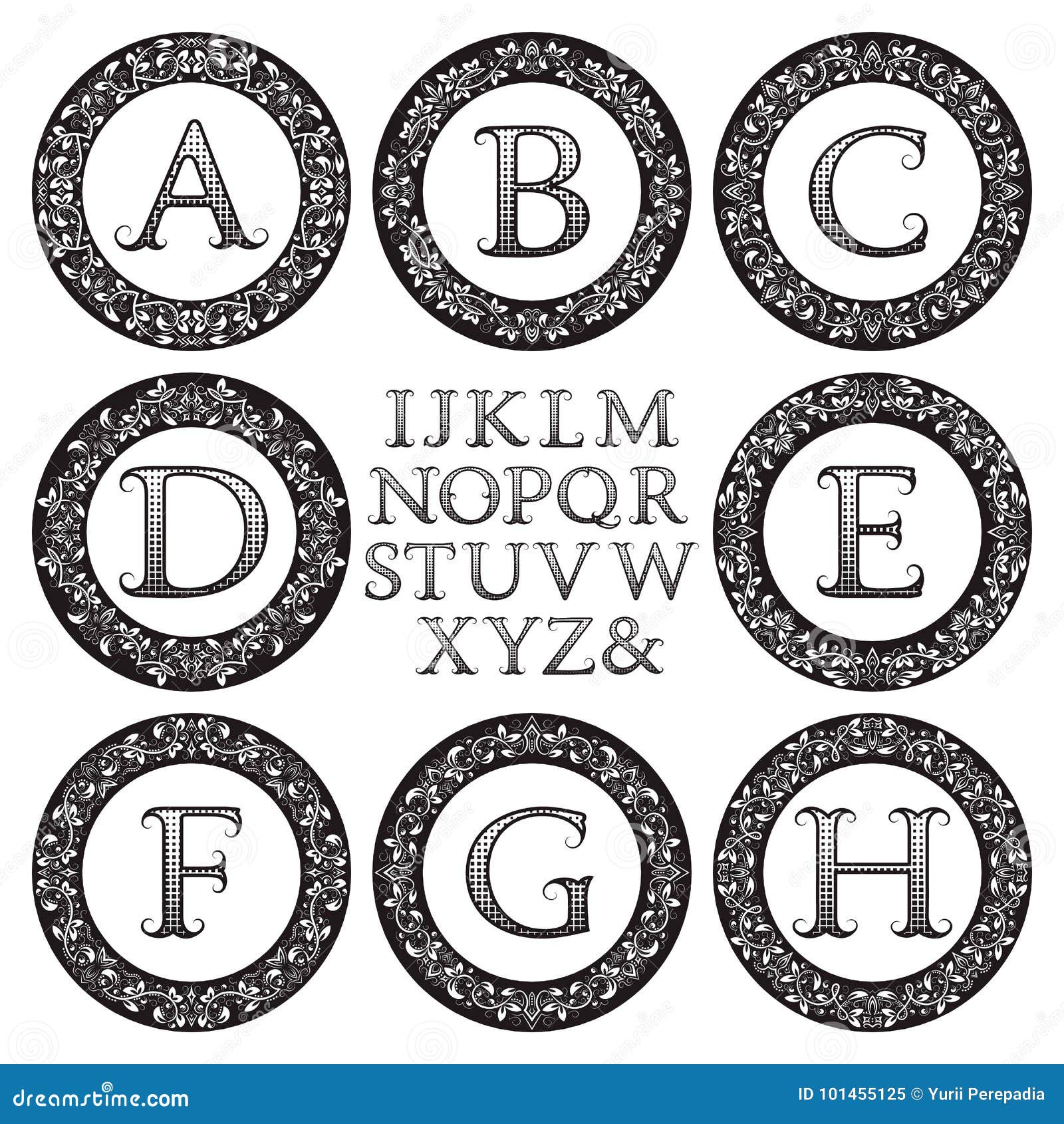 Vintage Monogram Kit. Black Patterned Letters and Floral Round Frames ...