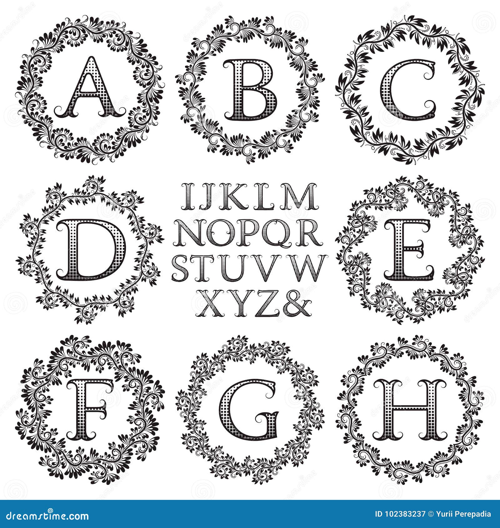 Vintage Monogram Kit. Black Patterned Letters and Floral Round Frames ...