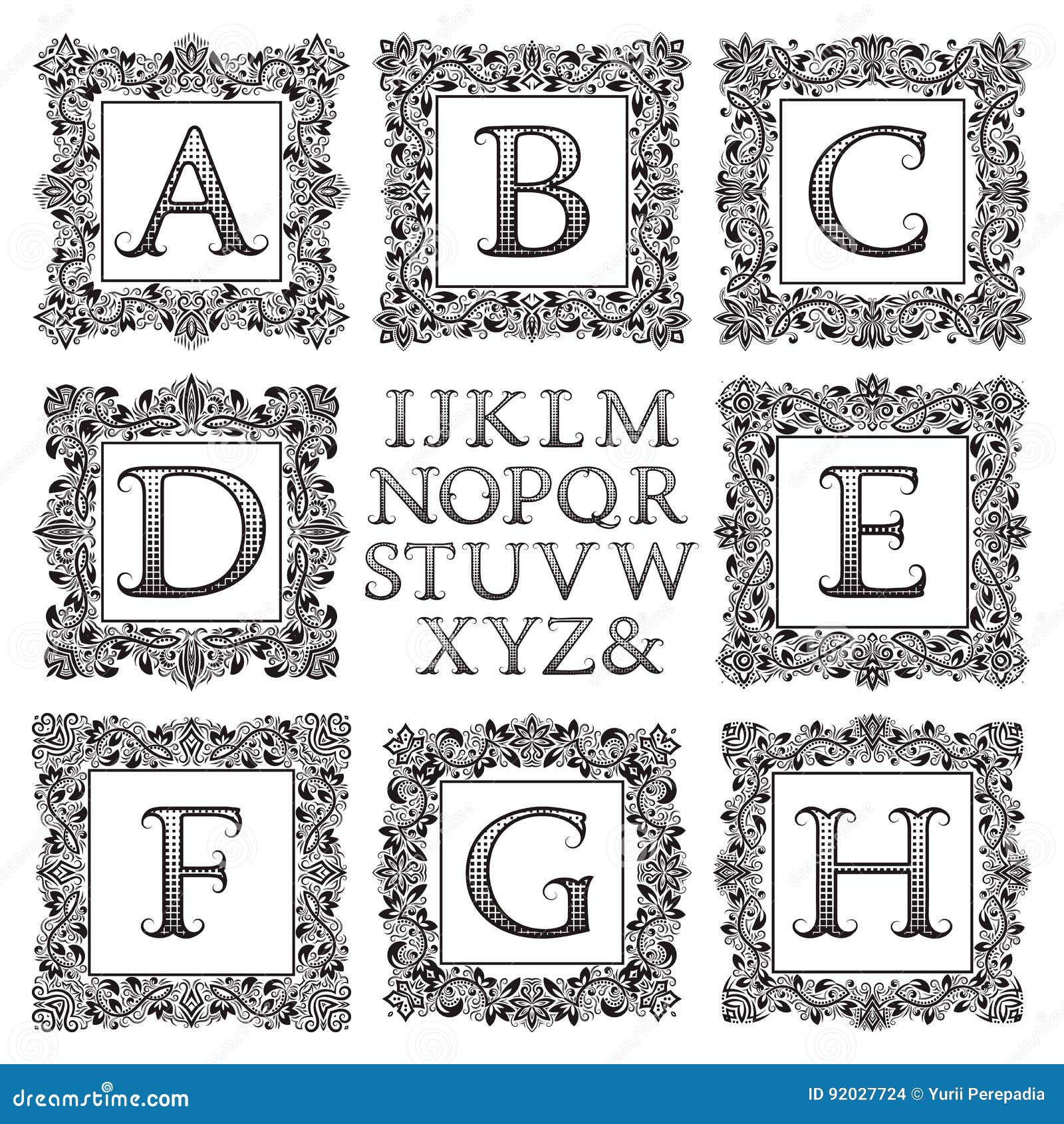 Vintage Monogram Kit. Black Patterned Letters and Floral Square Stock ...