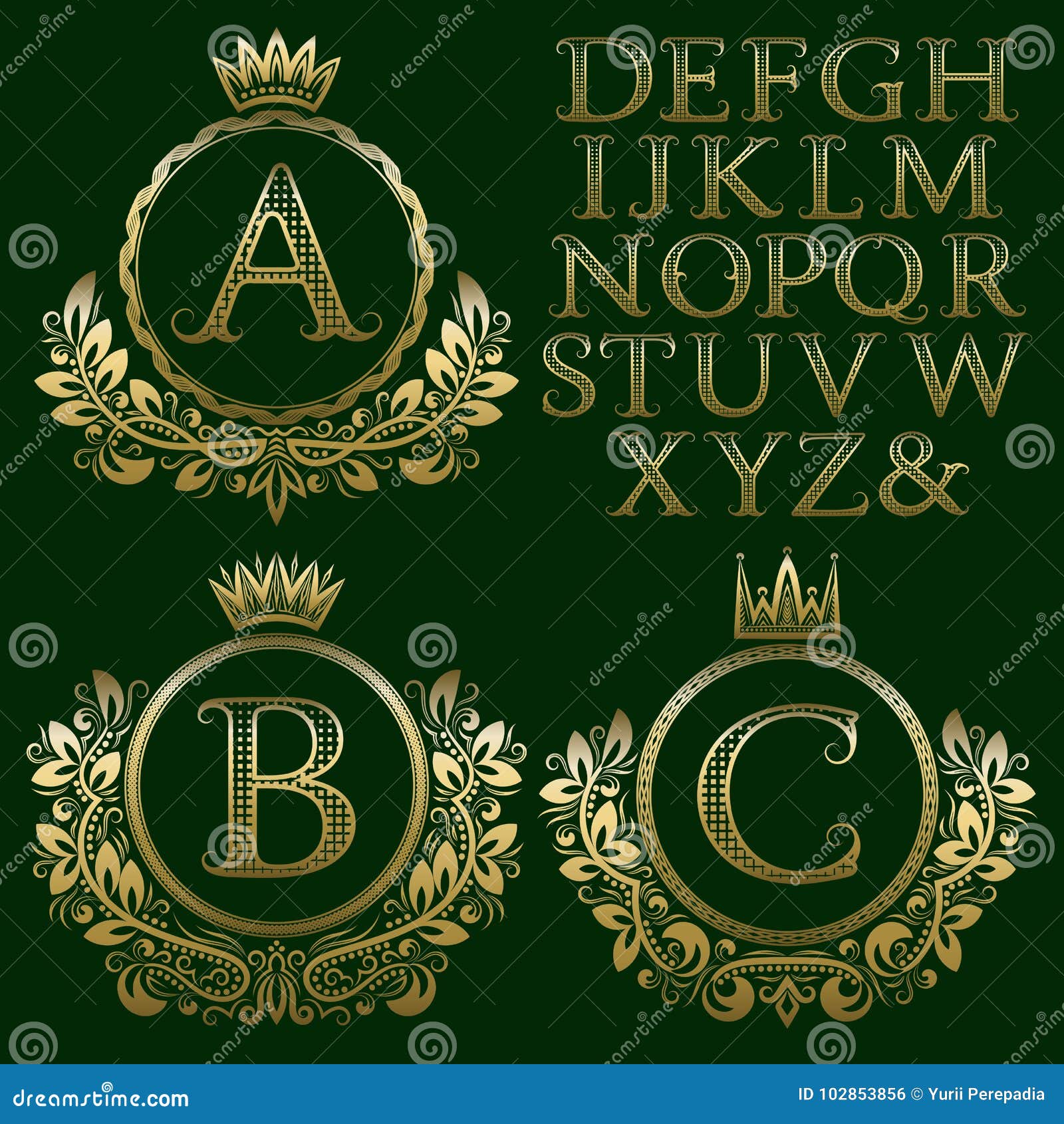 Vintage Monogram Kit. Golden Patterned Letters and Floral Coat of Arms ...