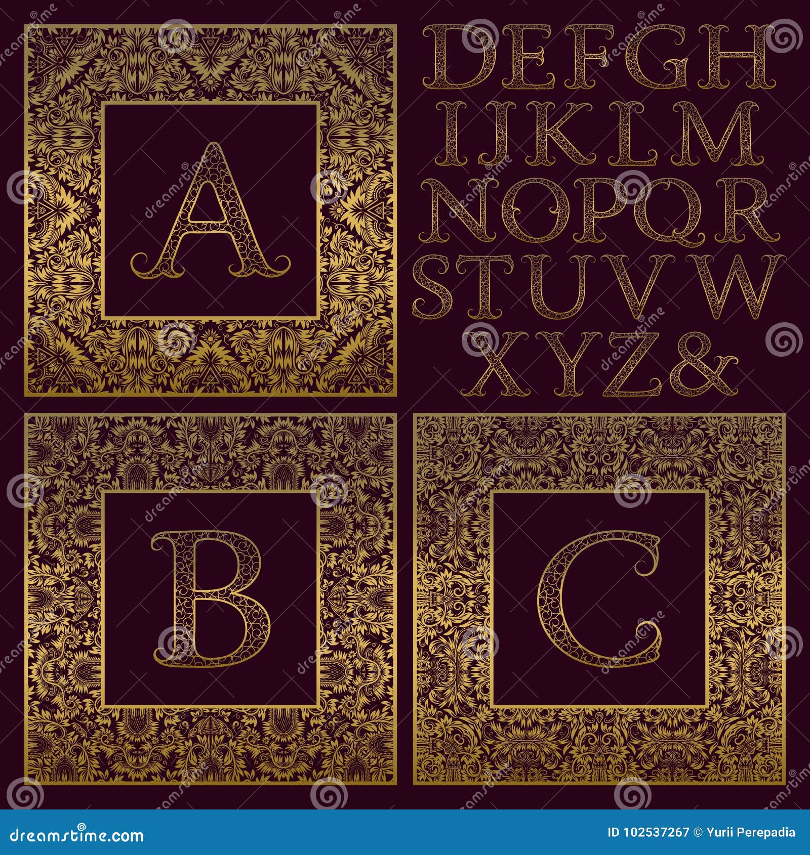 Vintage Monogram Kit. Golden Patterned Letters and Ornate Square Frames ...