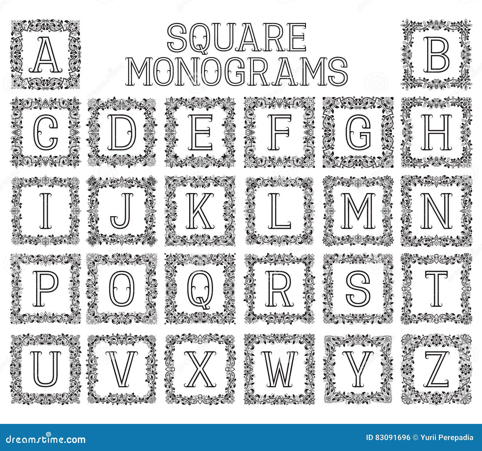 Vintage Monograms Set in Square Floral Frames. Stock Vector ...