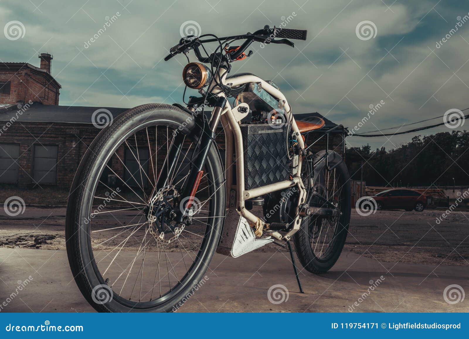 Vintage Motorcycle at Garage Stock Image - Image of horizontal, stand ...
