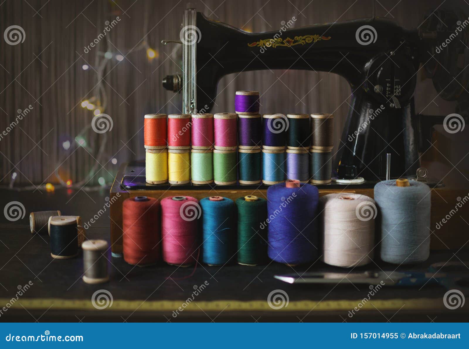 Vintage Multicolor Sewing Threads on Background of Sewing Machine Stock ...