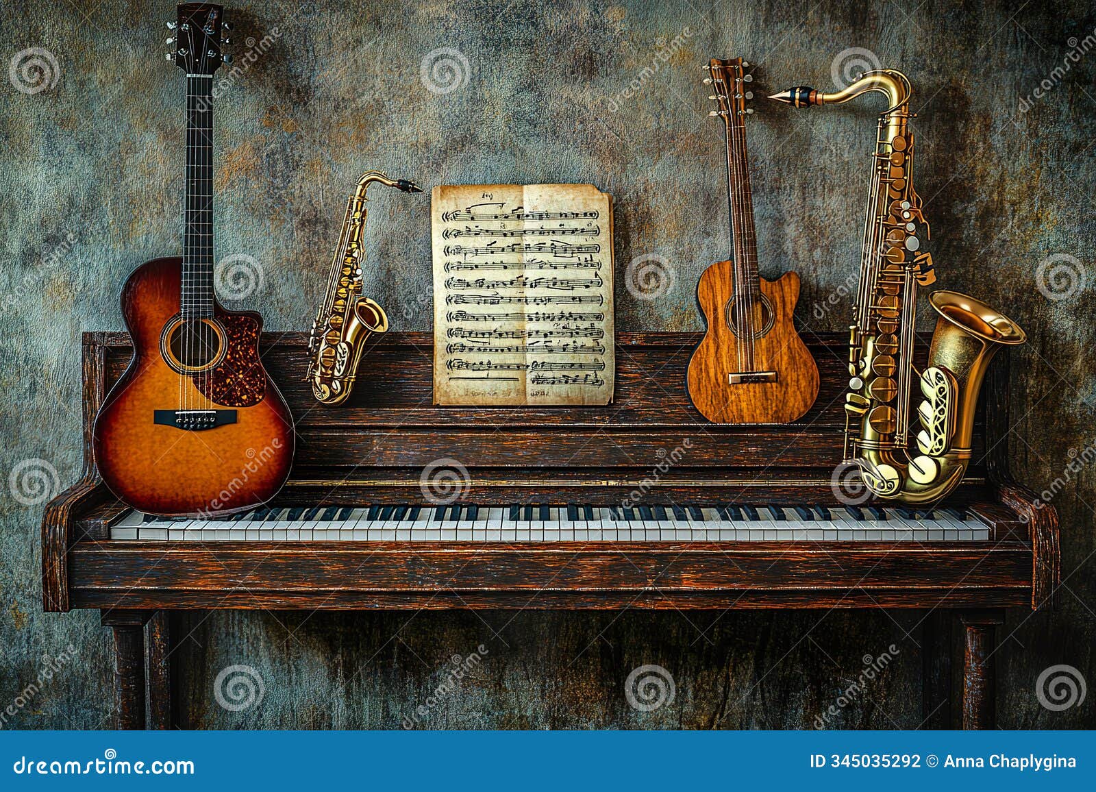 Vintage Musical Instruments Display with Sheet Music on Rustic Piano ... Vintage Musical Instruments Display with Sheet Music on Rustic Piano ...