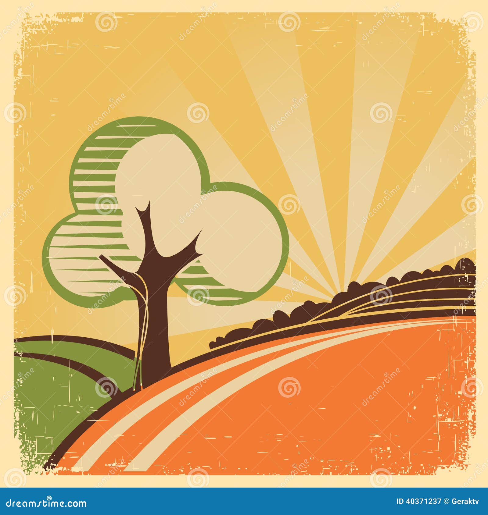Vintage Nature Landscape with Tree and Sun Stock Vector - Illustration ...