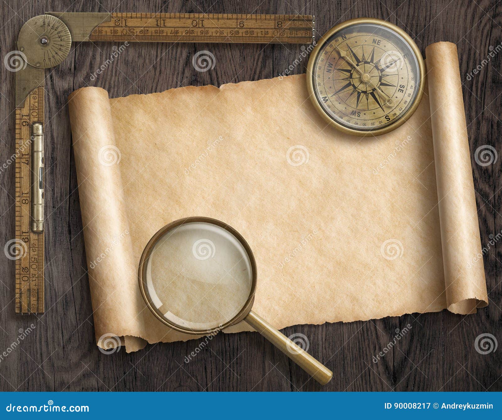 Vintage Loupe On Table With Treasure Map Scroll And Ruler Stock ...