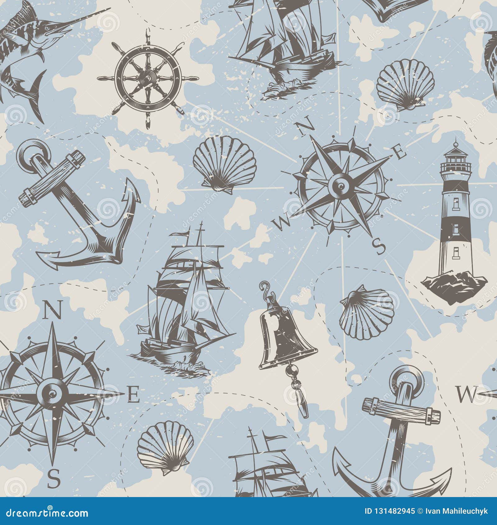 Vintage Nautical Elements Seamless Pattern Stock Vector - Illustration ...