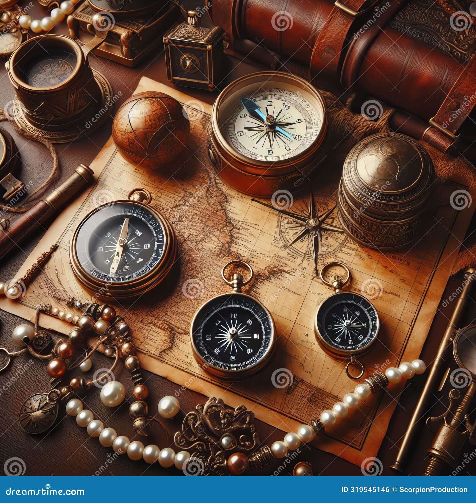 Vintage Nautical Exploration Setup Stock Photo - Image of treasure ...