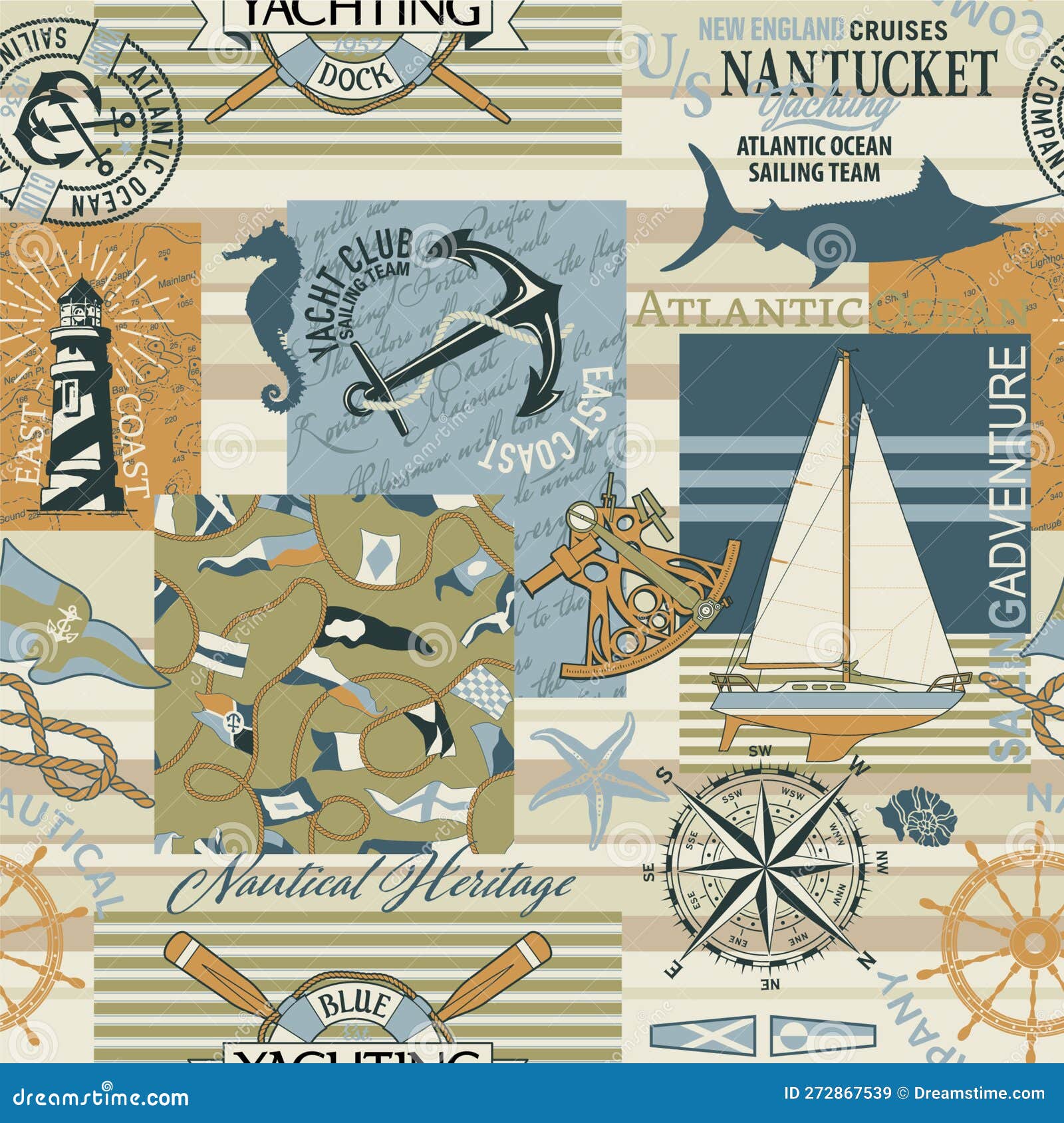 Vintage Nautical Style Marine Sailing Elements Patchwork Stock Vector ...