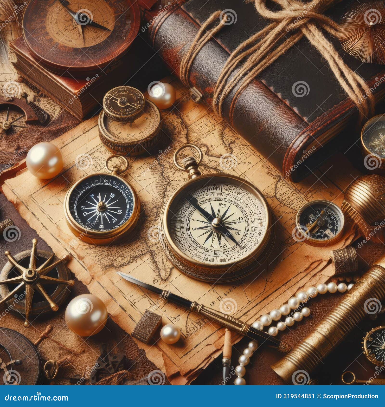 Vintage Navigational Tools on Antique Map Stock Image - Image of marine ...