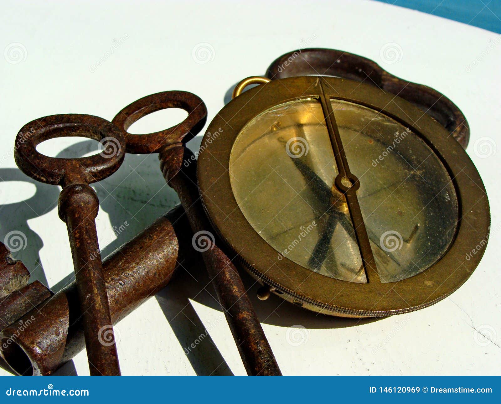 Vintage Navy Compass and Three Solid Iron, Rusted Keys. Close Up. Stock ...