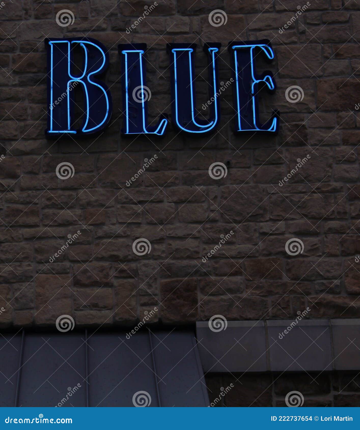 Vintage Neon Sign on Brick Wall, Blue on Cafe Wall Stock Photo - Image ...