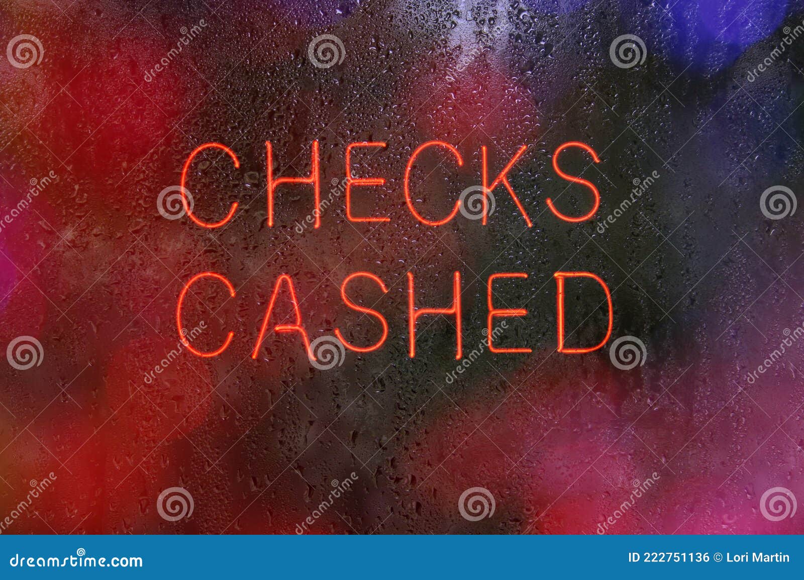 Vintage Neon Sign Checks Cashed in Rainy Window Stock Photo - Image of ...
