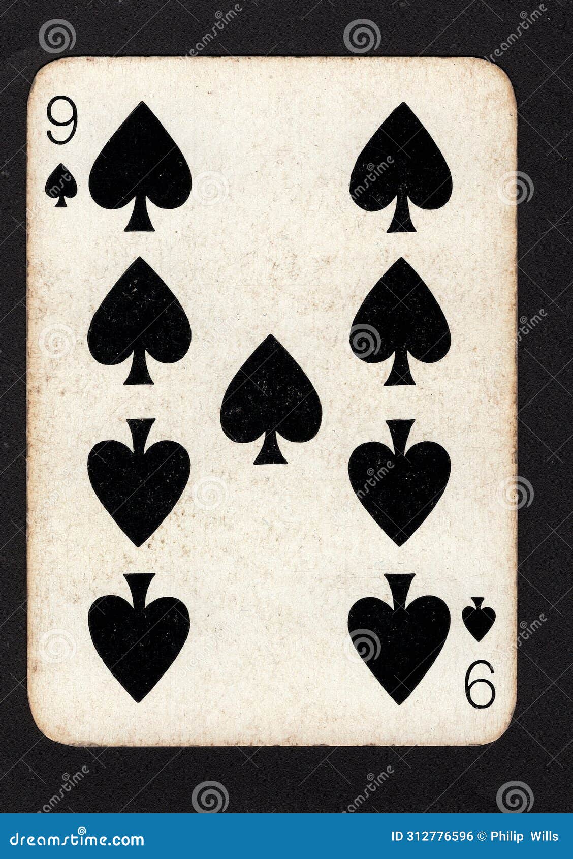 A Vintage Nine of Spades Playing Card on a Black Background. Stock ...