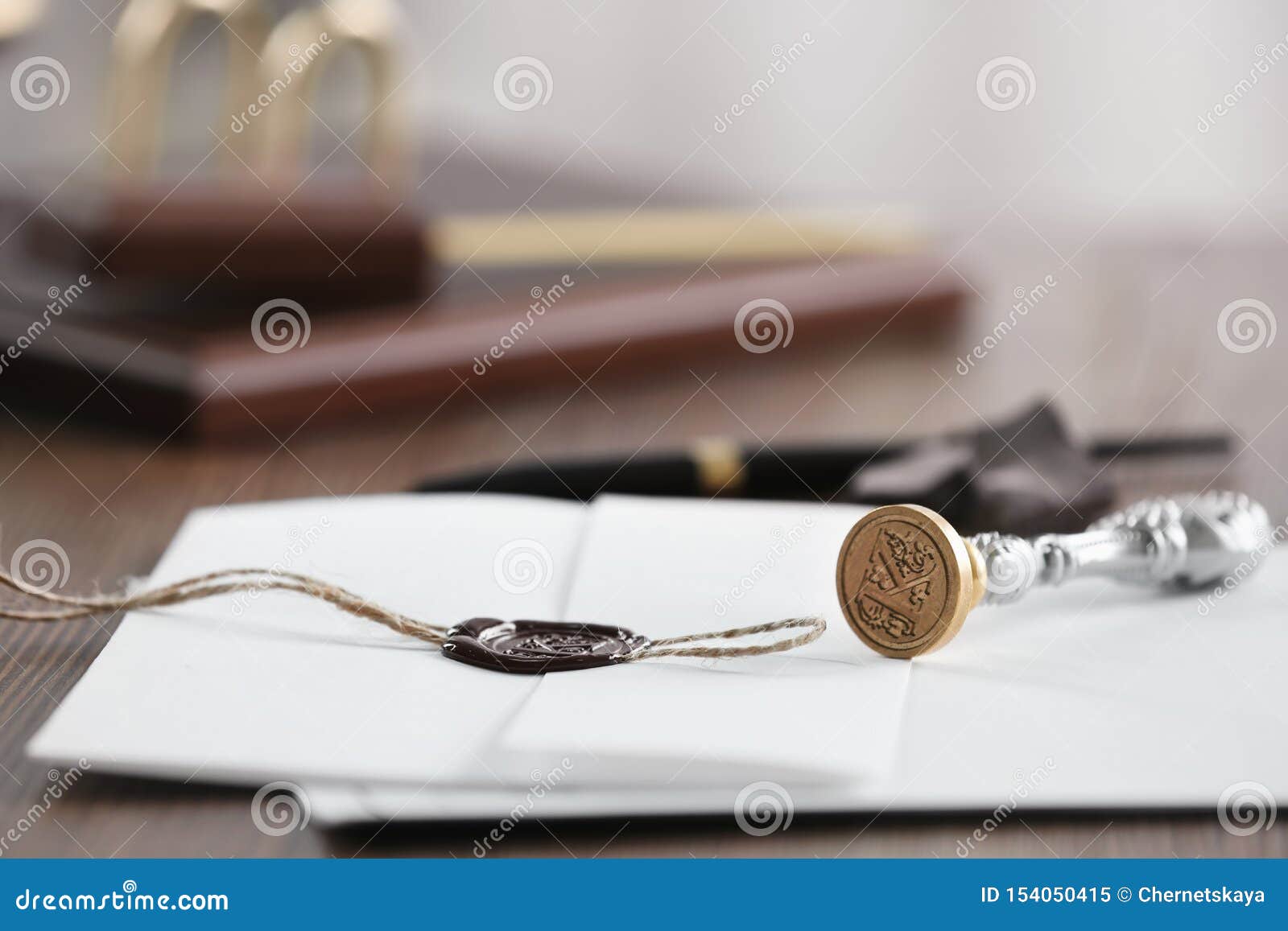 Vintage Notary Stamp and Documents on Wooden Table. Space for Text ...