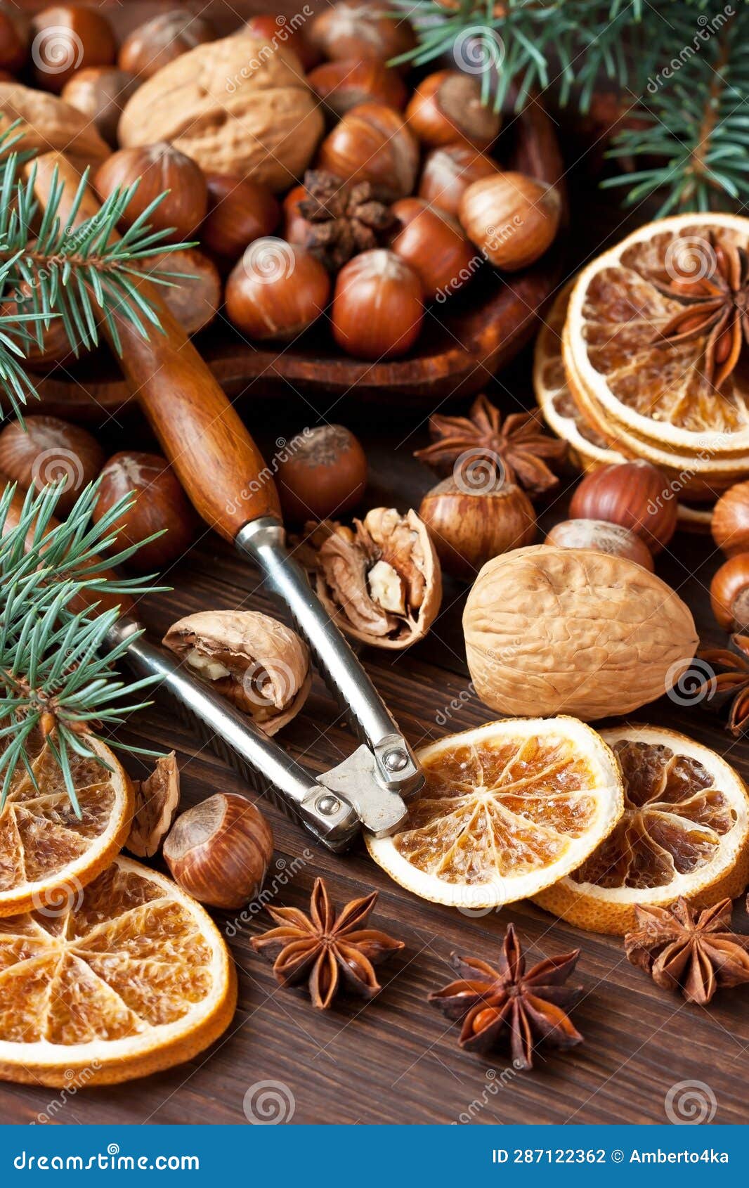 Vintage Nutcracker with Nuts and Fir-tree Branches Stock Photo - Image ...