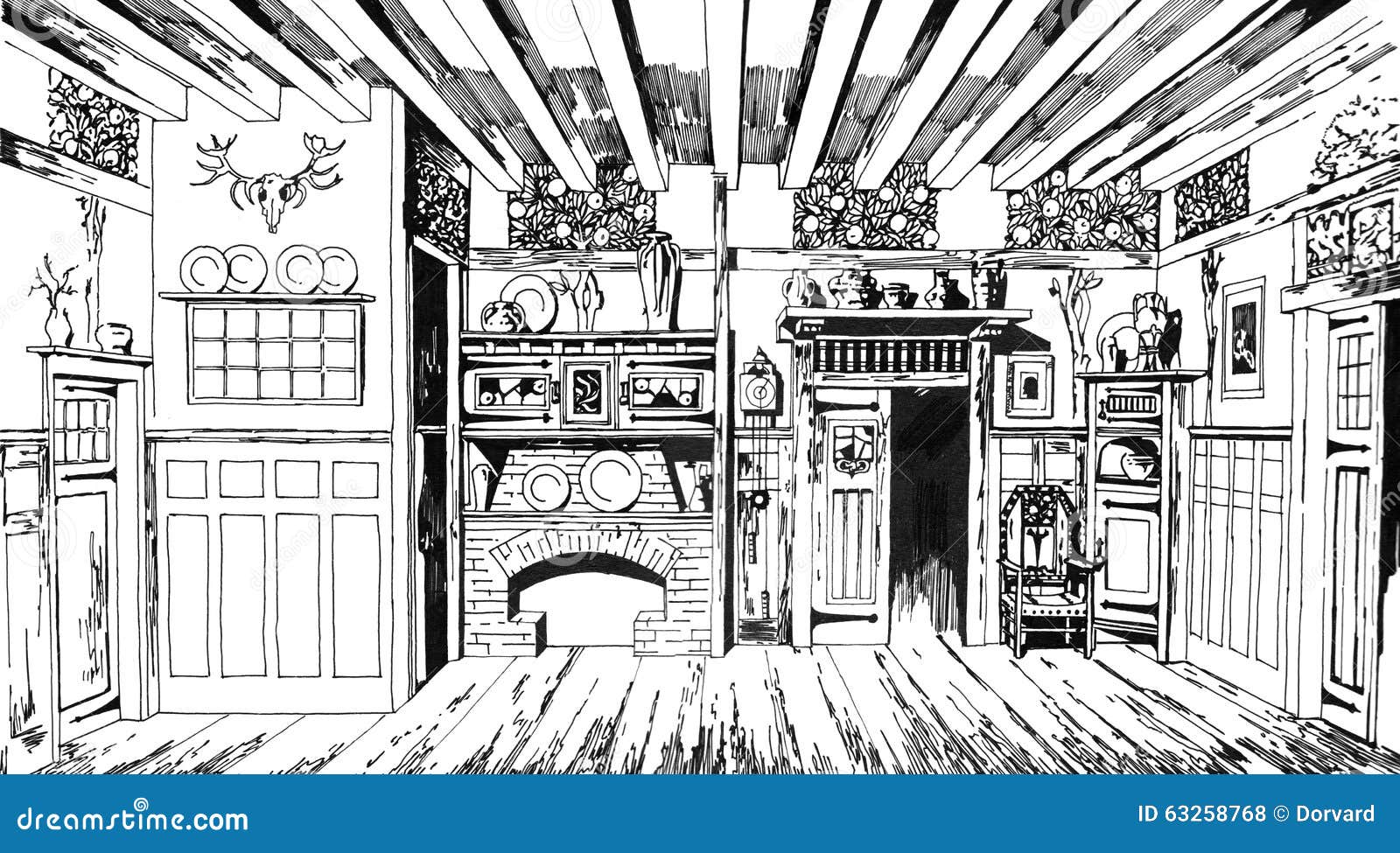 Vintage Oak Dining Room Hand Drawn Graphic Stock Illustration ...