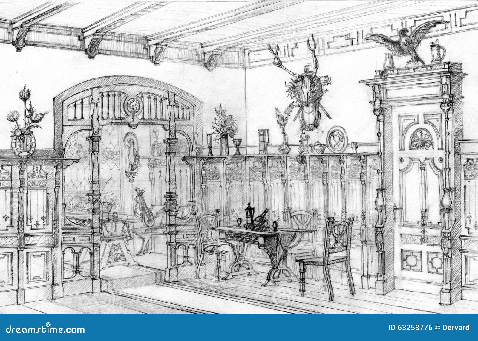 Vintage Oak Dining Room Pencil Drawing Stock Illustration ...