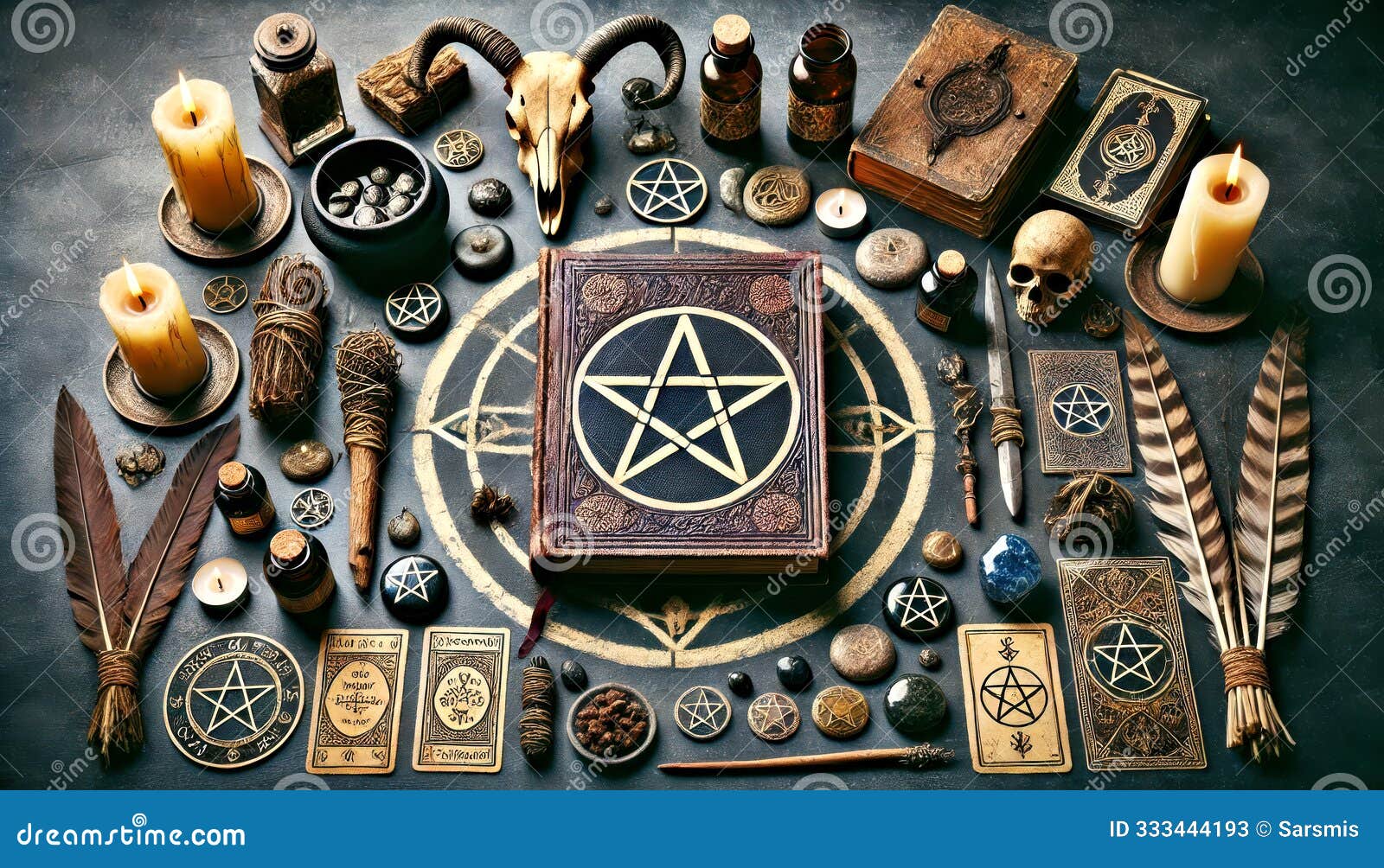 Vintage Occult Ritual Setup with Pentagram, Candles, and Mystical ...