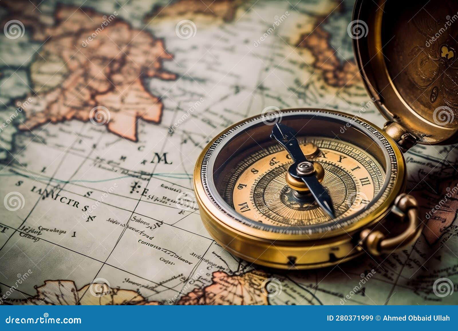 Vintage Old Compass on World Map, Generative Ai Stock Illustration ...
