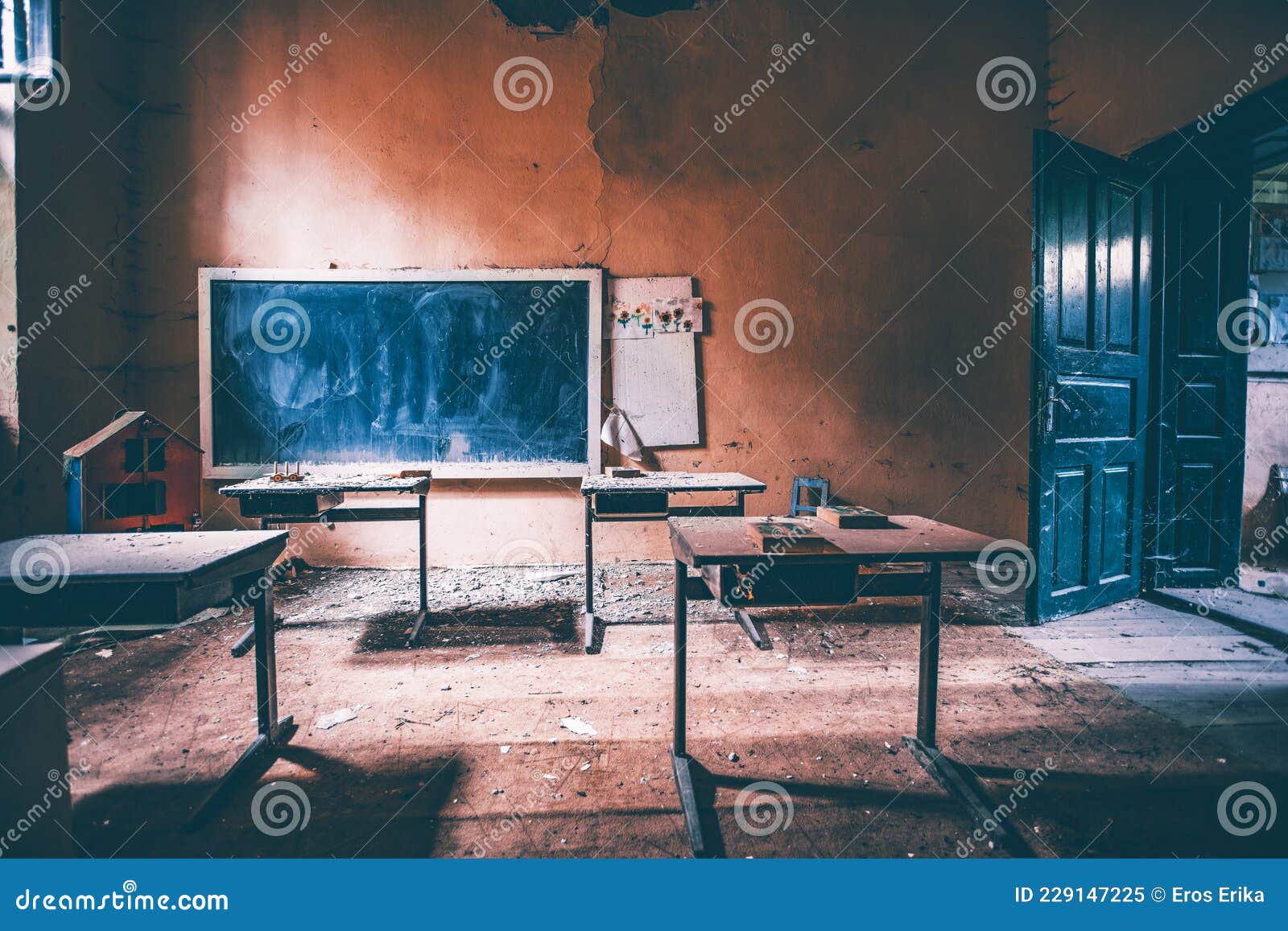 Vintage Old Destroyed Classroom Inside Abandoned School with Chalk ...