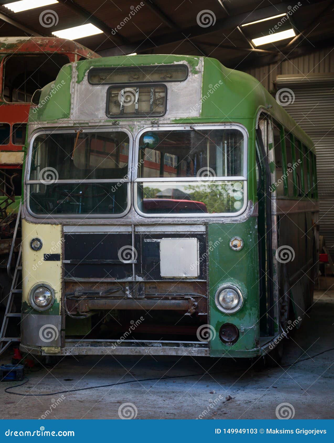 Vintage Old Retro Green Bus in Garage Stock Image - Image of devon ...