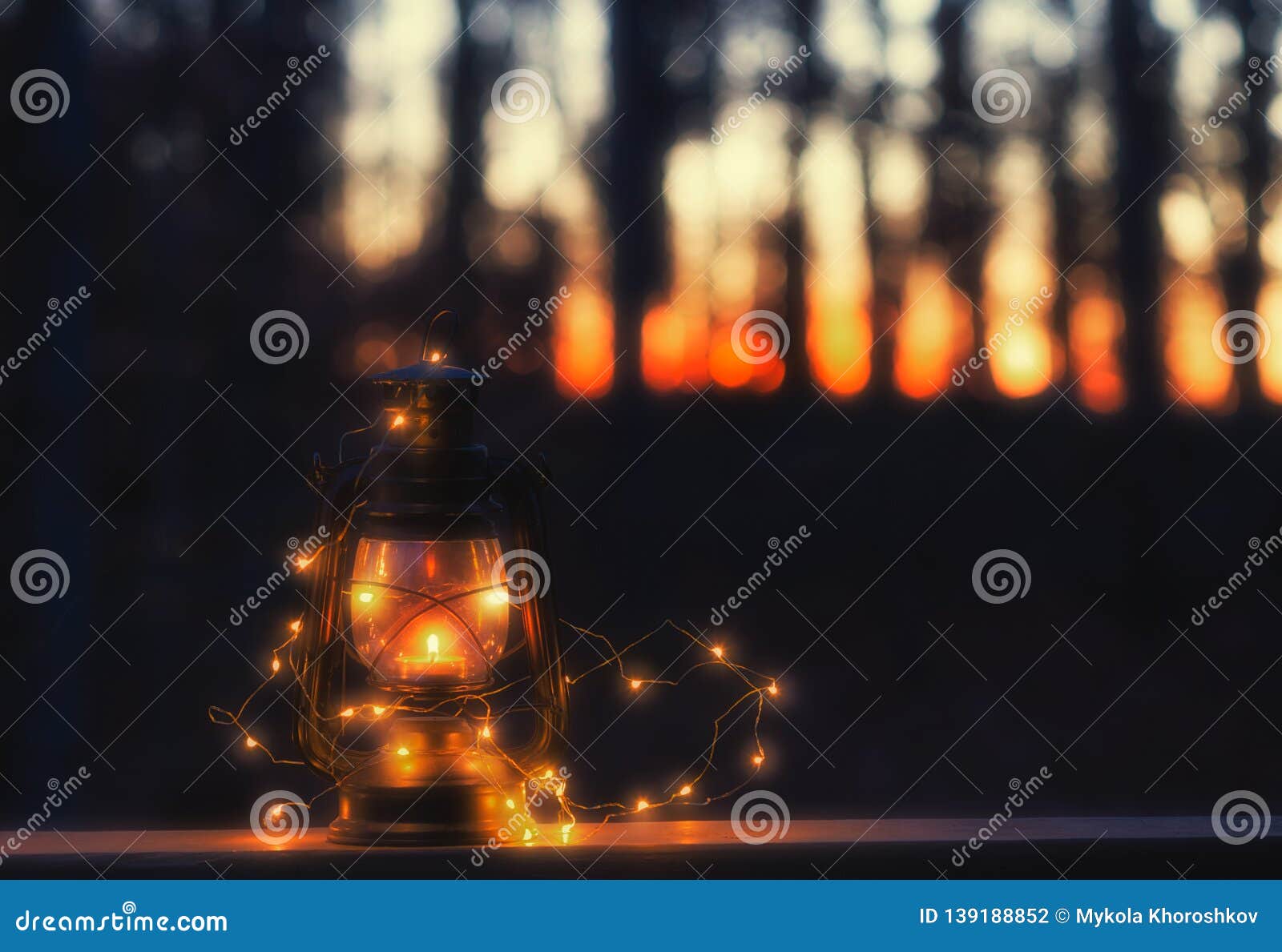 Vintage Lamp with a Candle and Lights at Night Stock Photo - Image of ...
