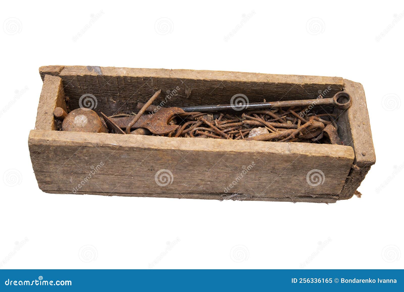 Vintage Old Wooden Tool Box with Rusty Tools Isolate on a White ...
