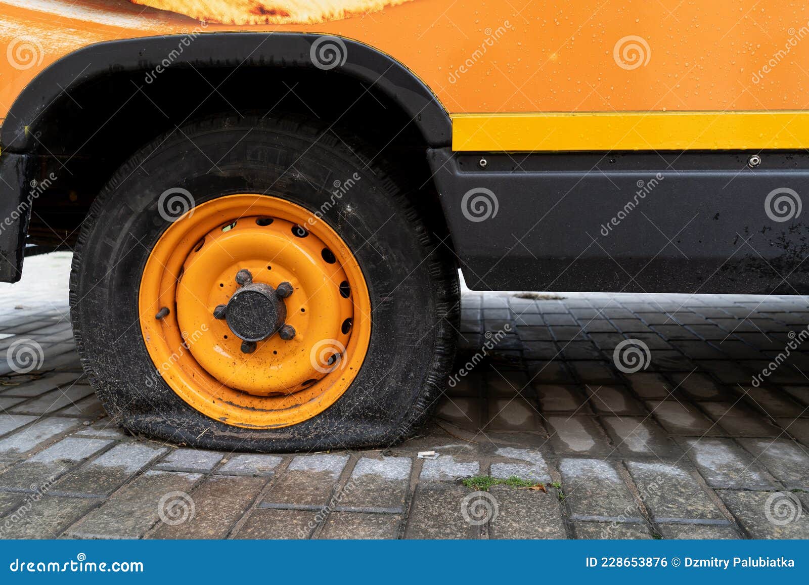 Vintage Orange Minibus with a Flat Wheel Stock Photo - Image of jack ...