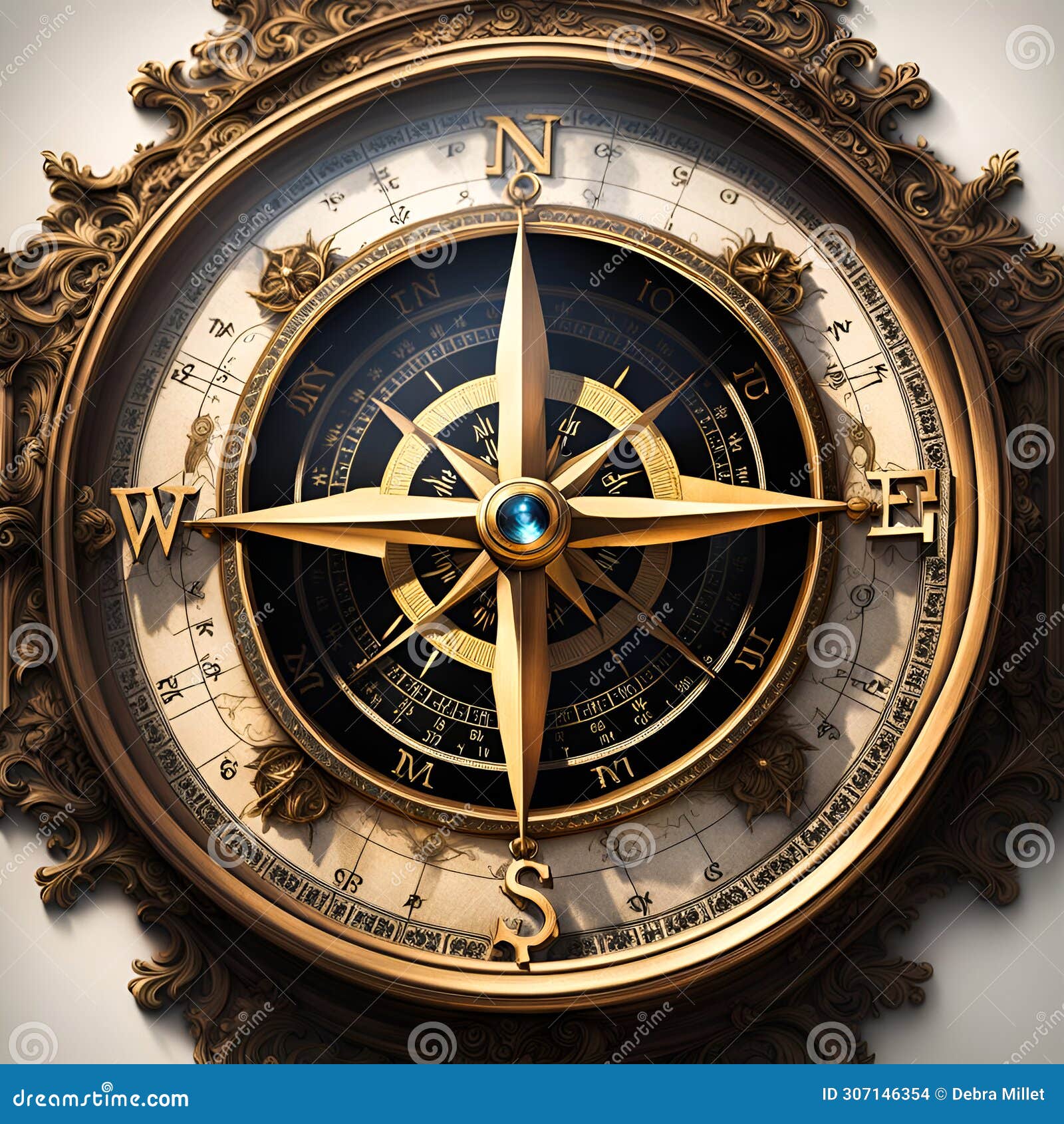 Ornate Compass Rose Wind Vane With Clock Face Isolated On White Stock ...