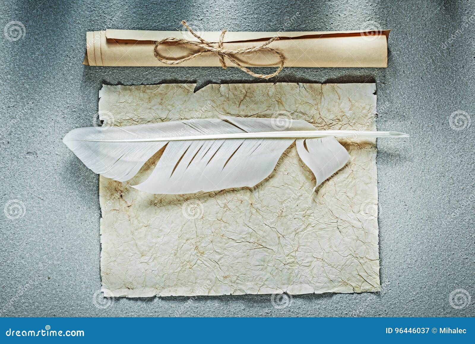 Vintage Paper Scrolls Feather on Grey Background Top View Stock Image ...