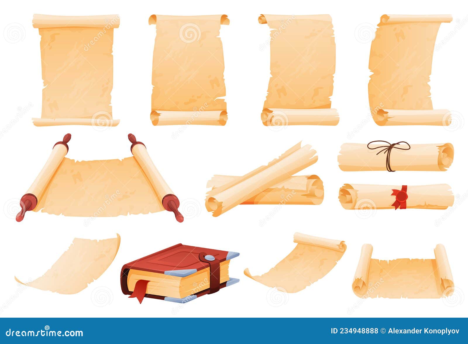 Vintage Parchment Scroll Set Vector Flat Illustration. Retro Curled and ...