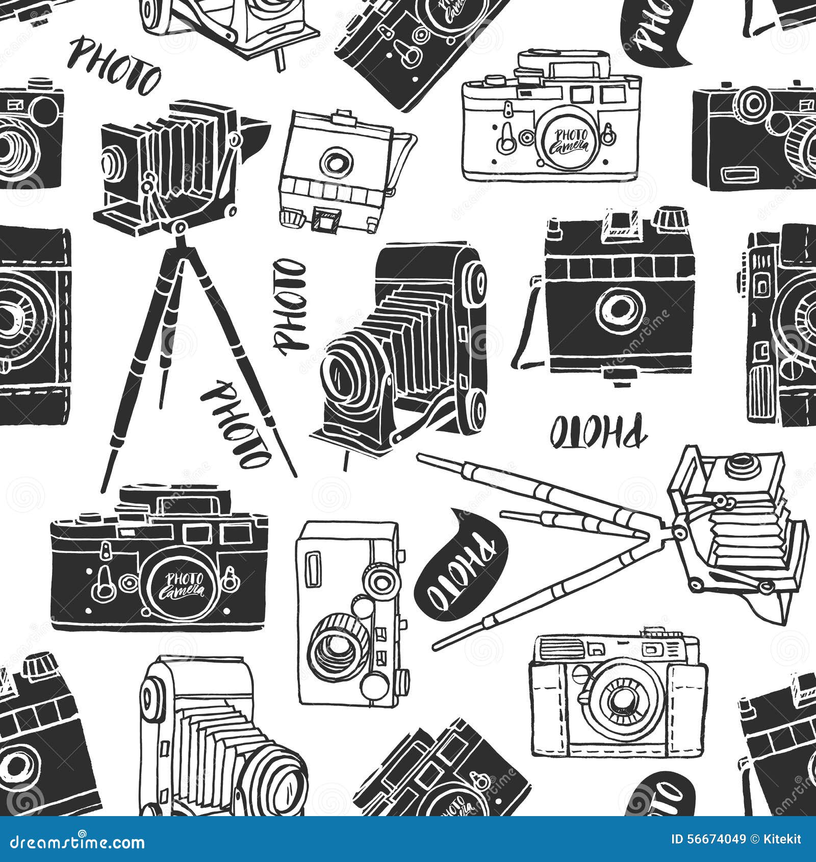Vintage Photo Camera Seamless Background. Hand Drawn Vector Stock ...