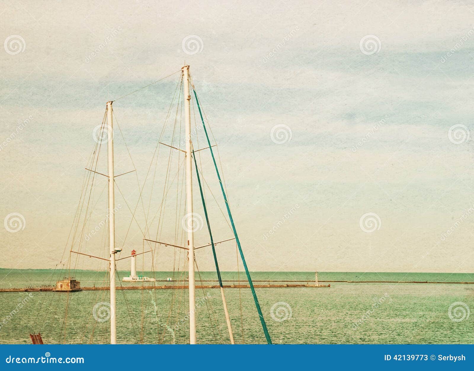 Vintage Photo of Lighthouse Tower and Ship Masts. Stock Image - Image ...