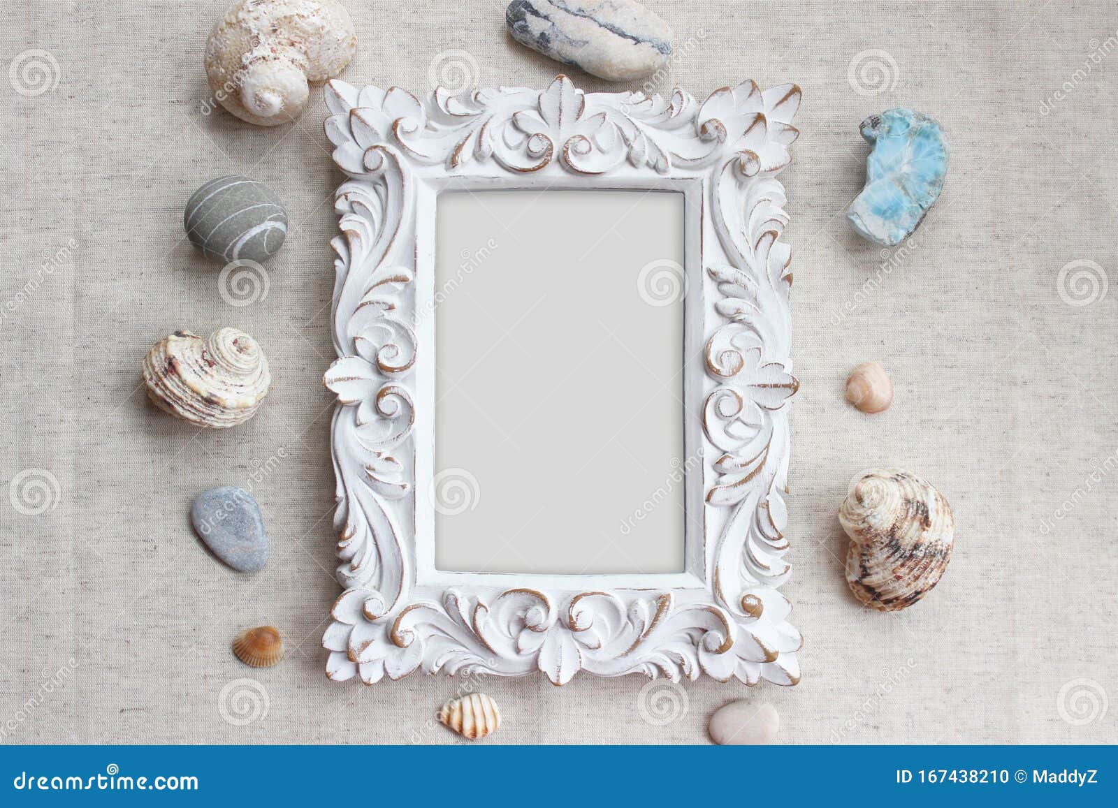 Vintage Picture Frame Surrounded by Sea Shells and Stones. Mock-up in ...
